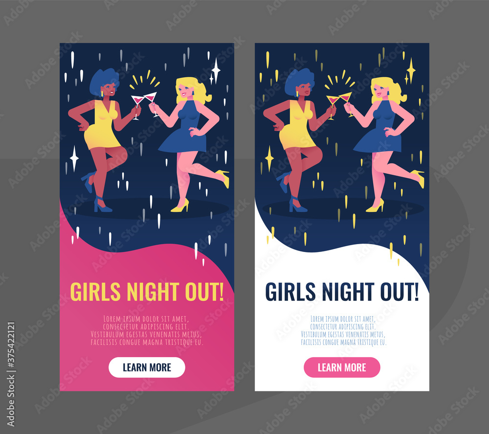 Girls Night Out! flyer or banner template. Cute flat cartoon ...