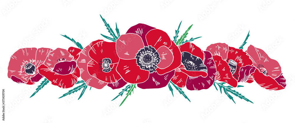 Border with red poppy flowers. Hand drawn vector sketch illustration on ...