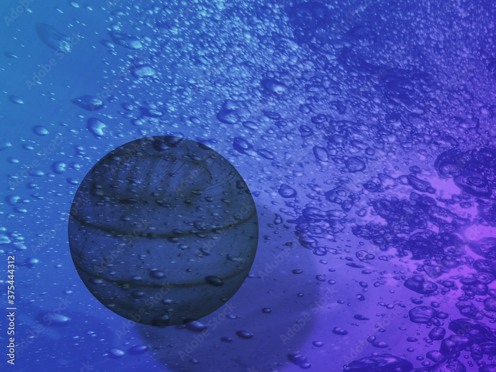 Abstract sphere in water. Underwater view. Water bubbles. 3D rendering ...