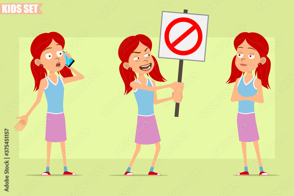 Cartoon flat funny little redhead girl character in violet skirt. Kid ...