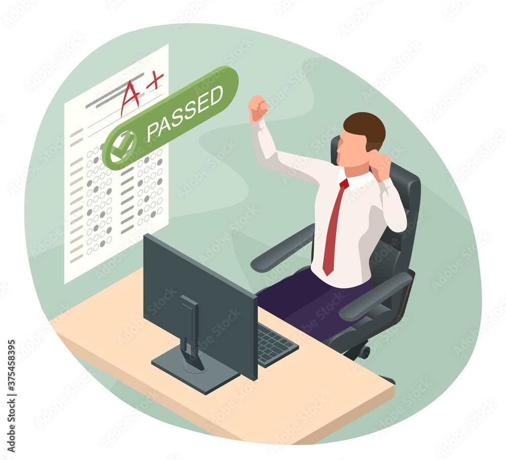 Isometric Exam sheet with A plus grade, flat design. The joy of a good ...