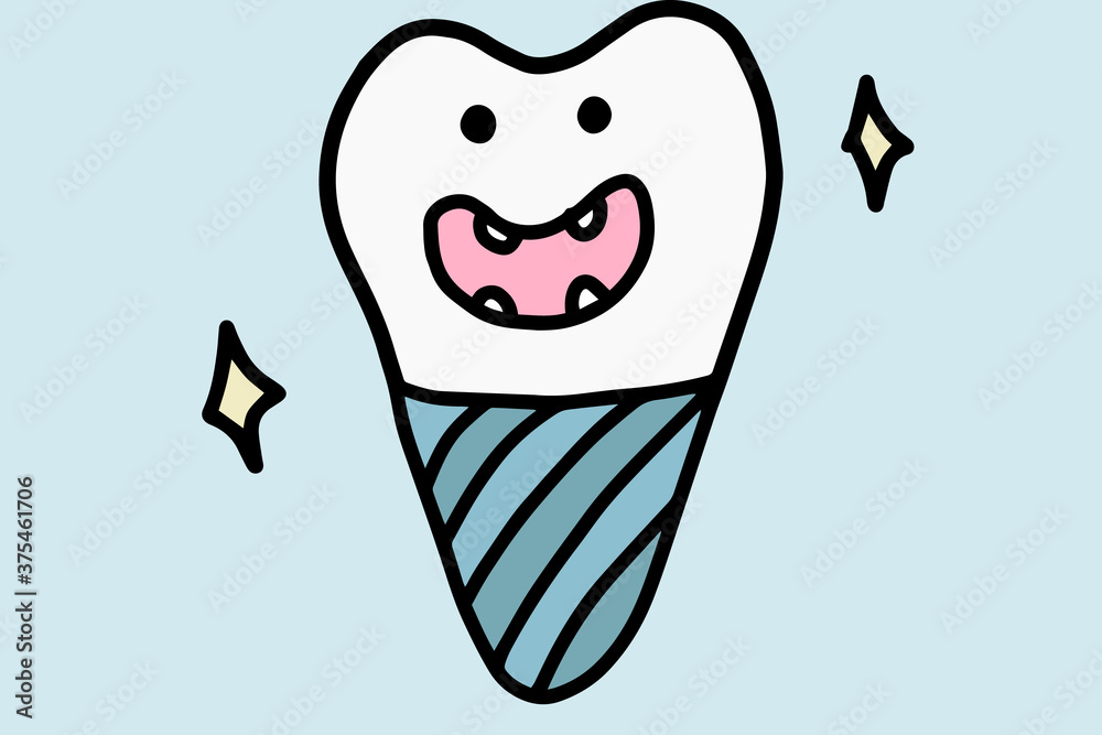 Cute cartoon dental implant tooth. Hand drawn line art doodle vector ...