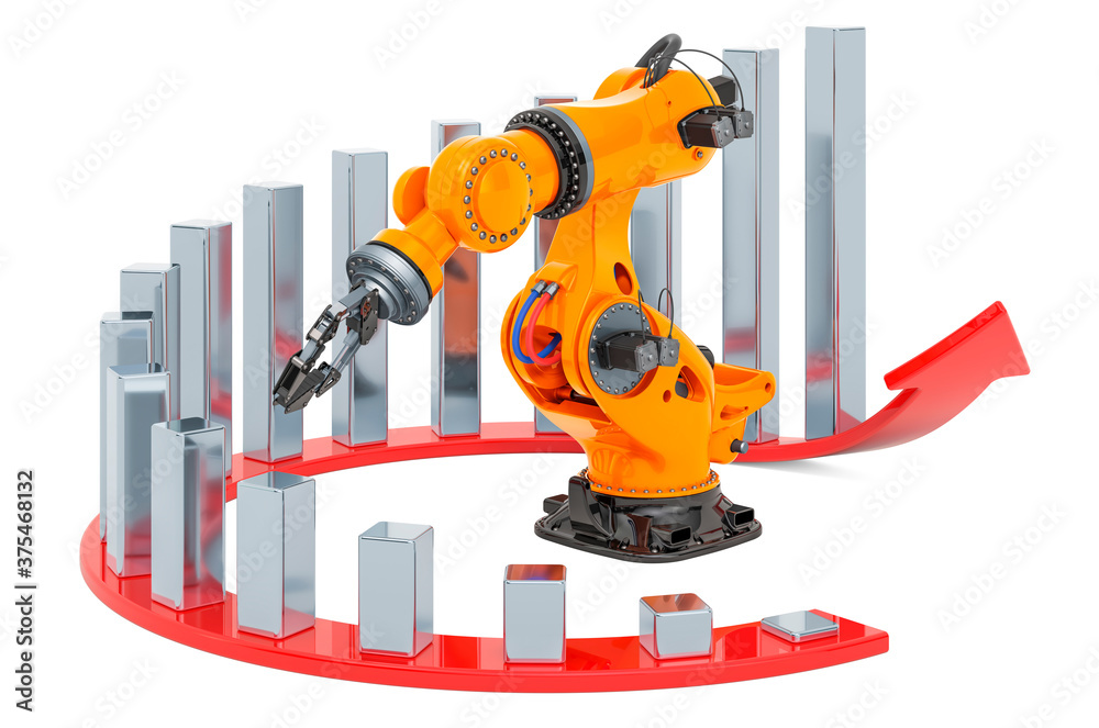 Robotic arm with growing chart and red arrow. 3D rendering Stock ...