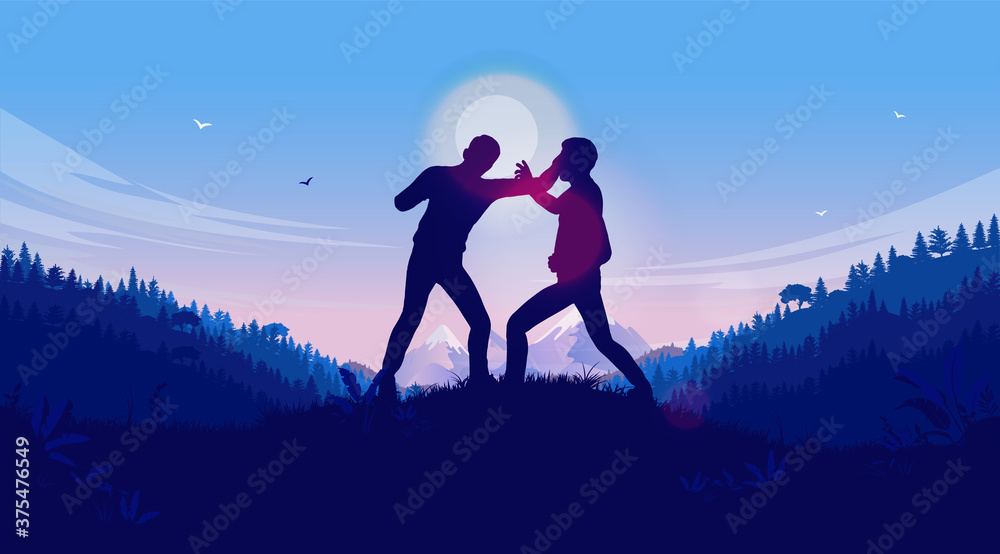 Vecteur Stock Fist fight in sunlight - Two men fighting outdoors ...