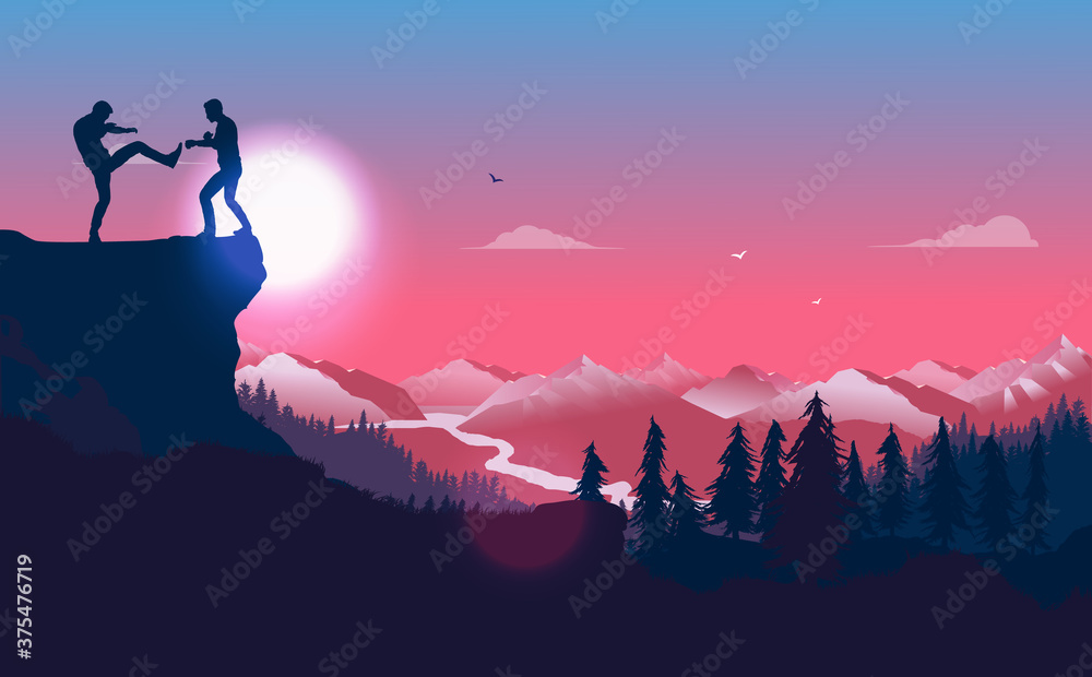 Fight on cliff - Two men fighting on dangerous cliff in nature ...