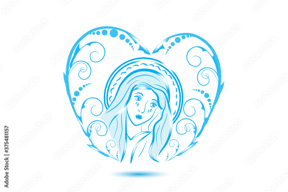 Virgen Mary in a floral heart shape religion vector logo image design ...