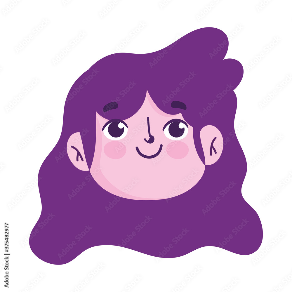 young girl female cartoon face purple hair, isolated icon white ...