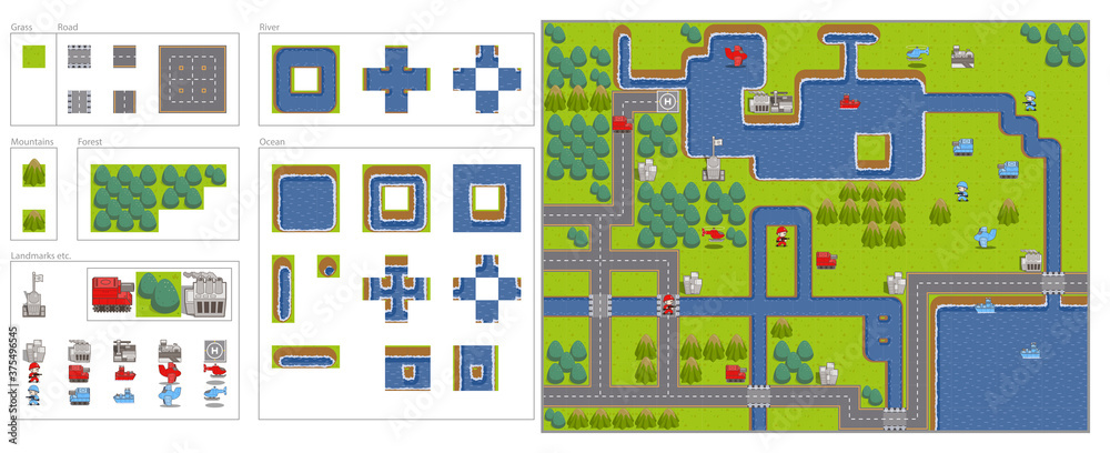 Game map tiles set for building plains mountains forests rivers and ...