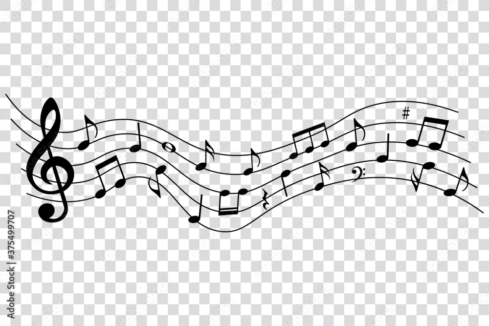 Music notes, symbols on wavy stave, isolated vector illustration. Stock ...