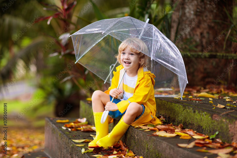 Child With Umbrella In Rain