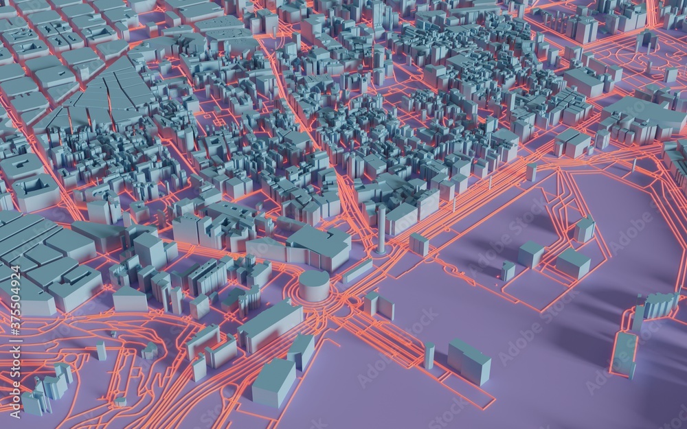 3D Render. Smart city and Urban landscape. City Top View of landscape ...