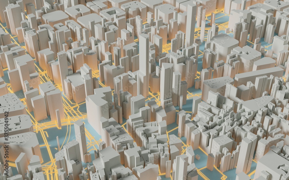 3D Render. Smart city and Urban landscape. City Top View of landscape ...