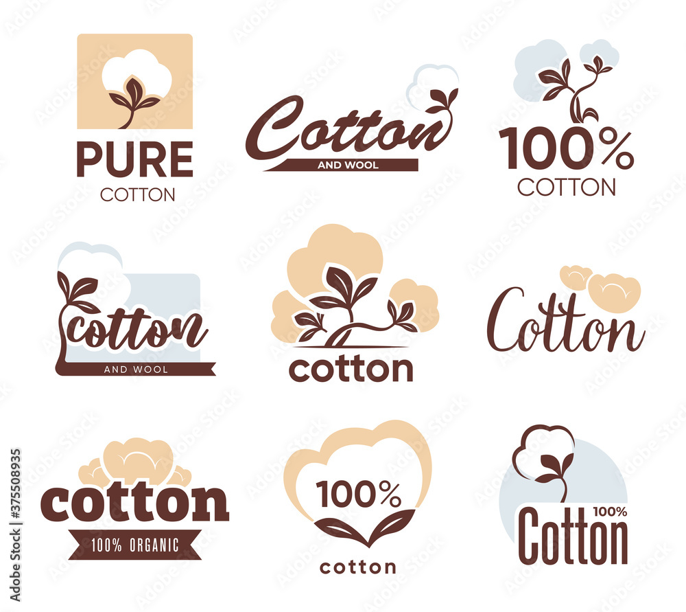Cotton textile flat labels set. Organic product farm emblems and ...