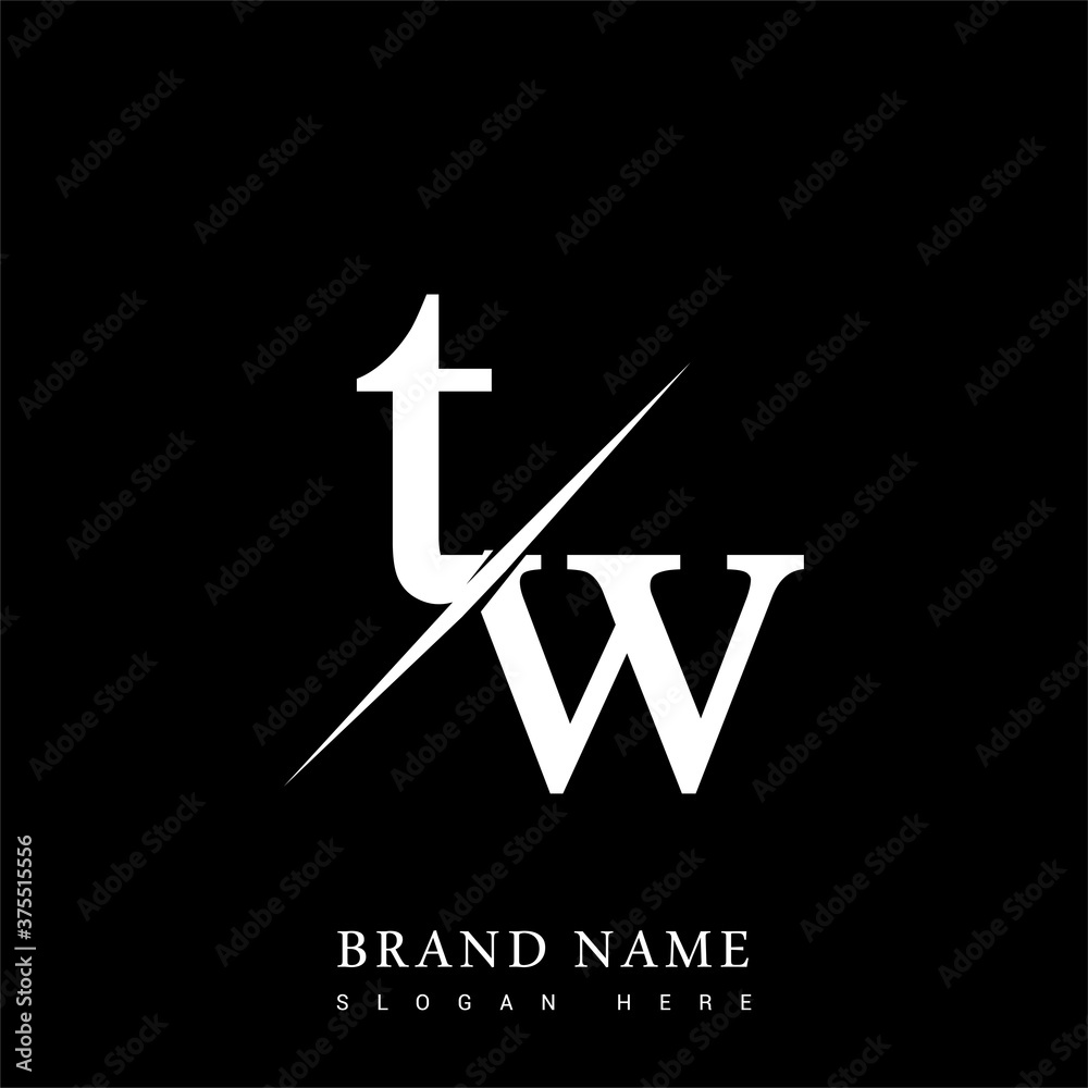 initial logo letter TW for company name black and white color and slash ...