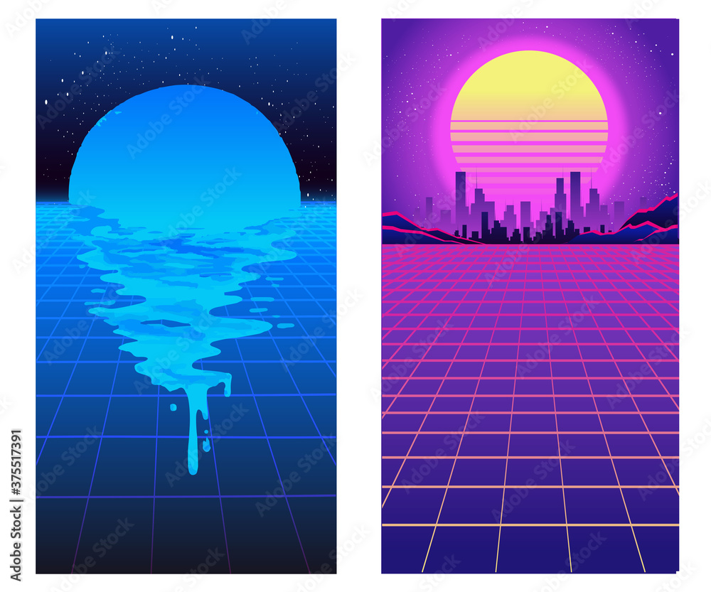 Retro space waves or retro futuristic style, digital landscape in the ...