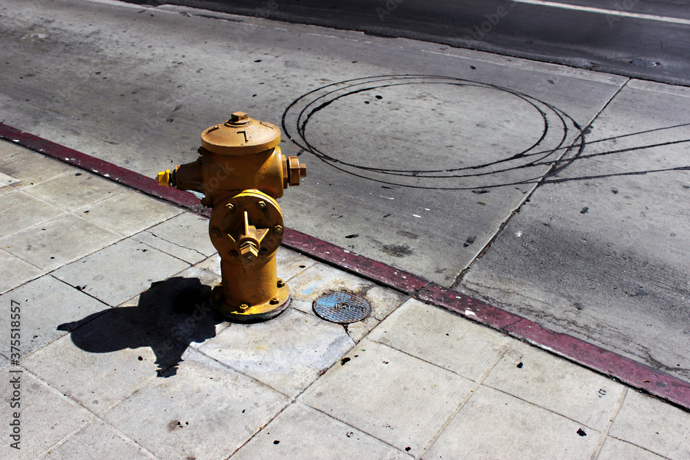 Fire hydrant to extinguish a fire on the sidewalk near the roadway ...