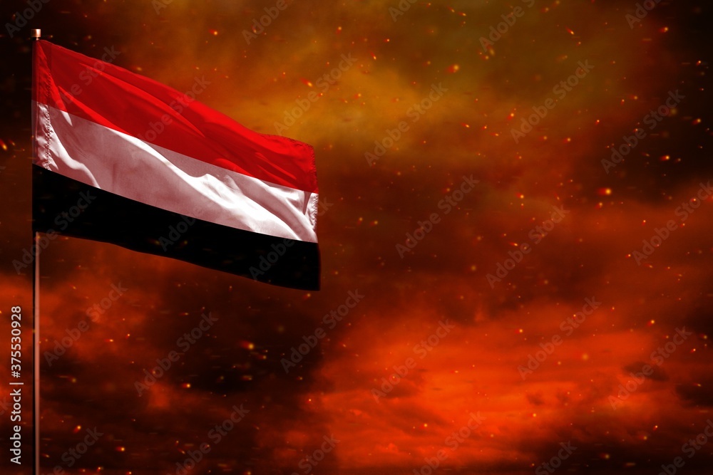 Fluttering Yemen flag mockup with blank space for your text on crimson ...