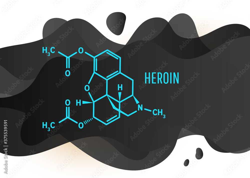 Heroin structural chemical formula with black liquid fluid shapes on ...