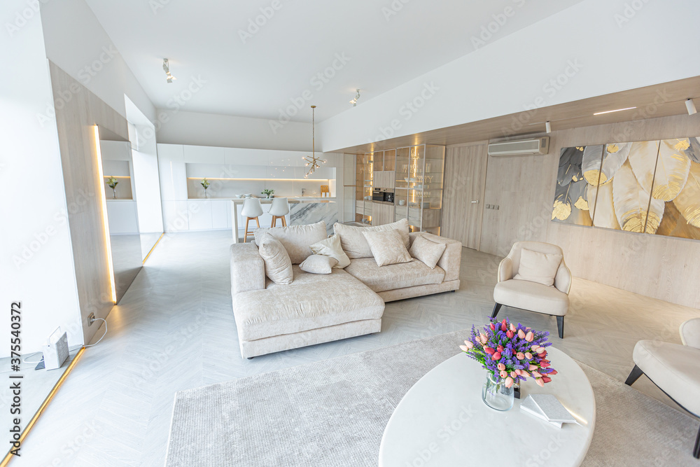 trendy modern interior design of a large studio in white and beige ...