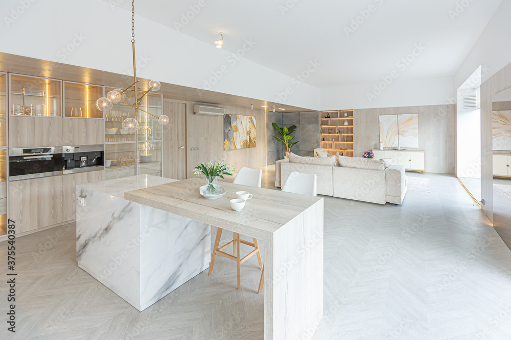 trendy modern interior design of a large studio in white and beige ...