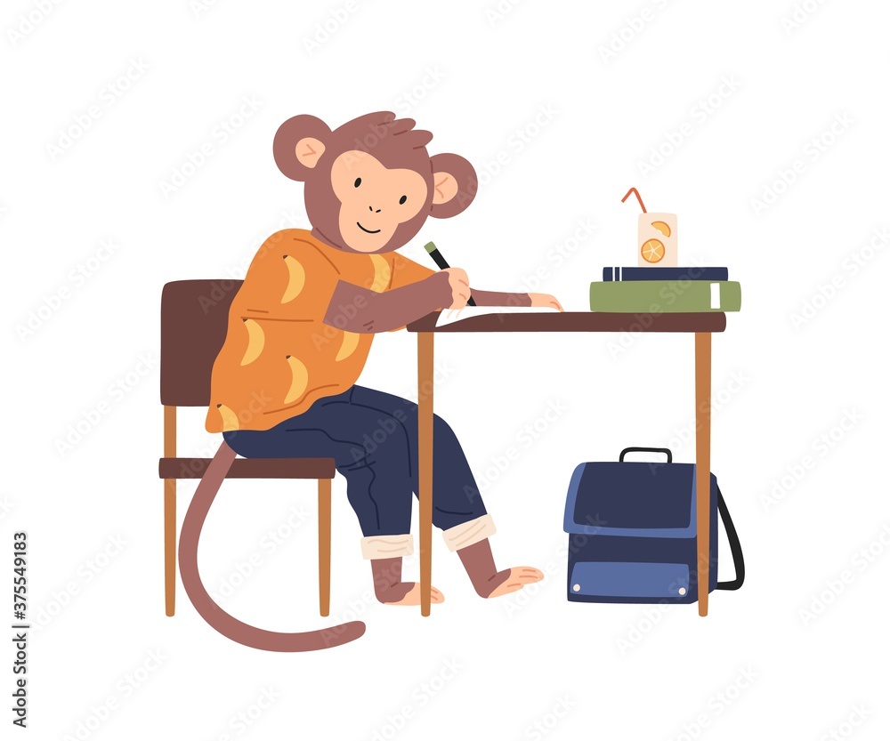 Smart monkey in clothes, sit at desk while studying. Animalistic ...