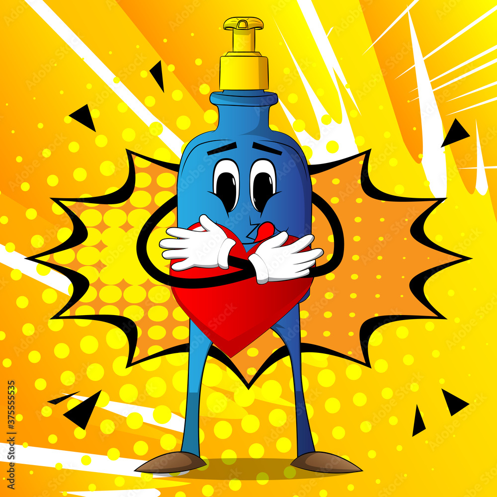 Cartoon bottle of hand sanitizer gel for hygiene with face, holding red ...