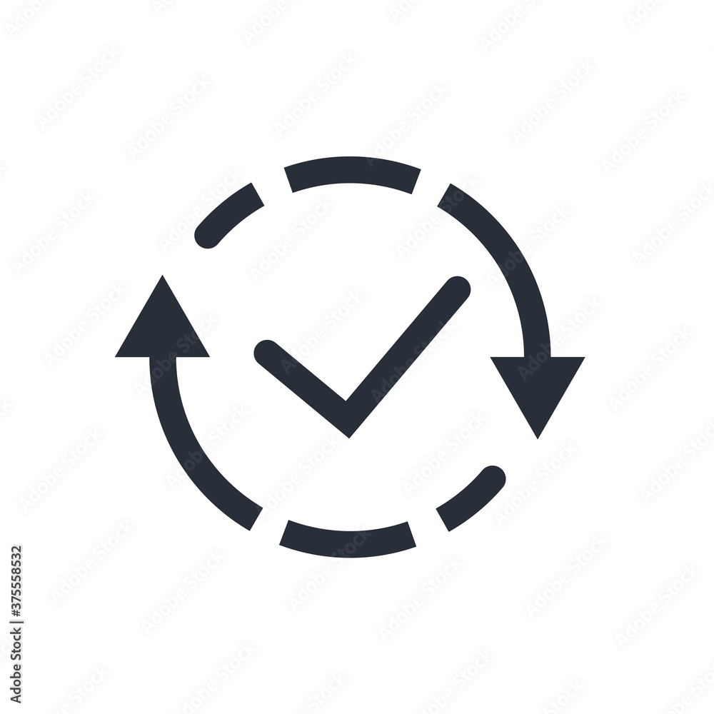 Rotation arrow and check mark. Flat vector icon isolated on white ...