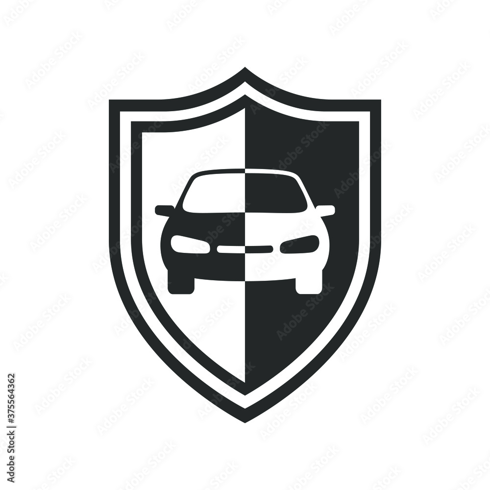 Car on the shield graphic icon. Car insurance sign isolated on white ...