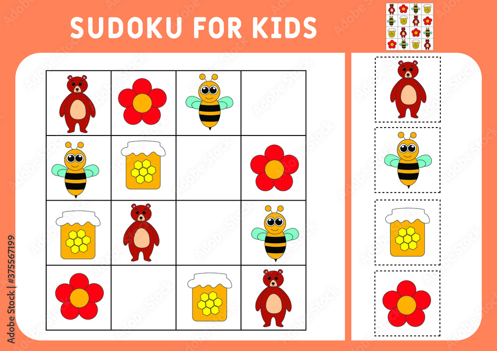 Cartoon animals - bear and bee. Sudoku for kids. Education development ...