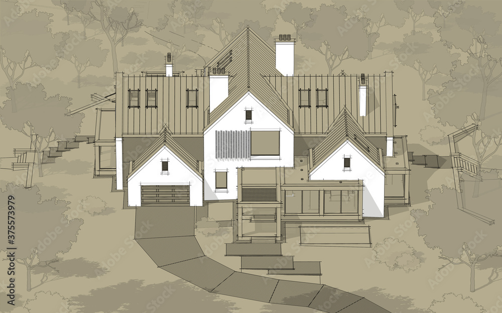 3d rendering of modern cozy clinker house on the ponds with garage and ...