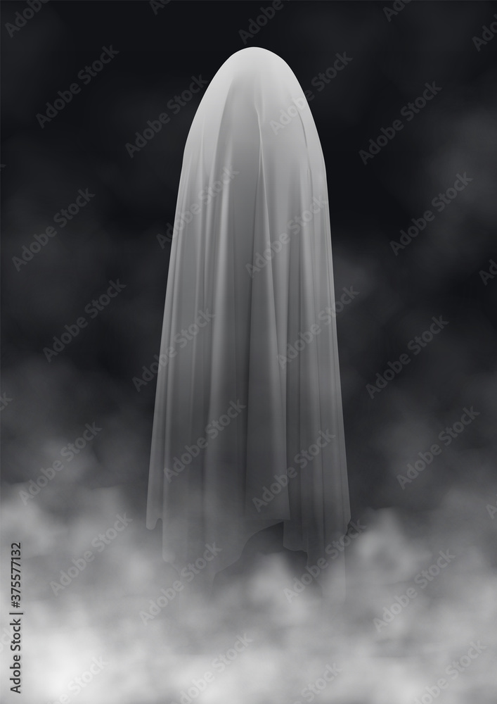 Scary ghost on a dark background in the fog. An evil spirit with a ...