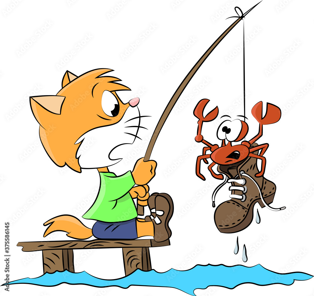 Cartoon cat caught a crab on a boot while fishing vector illustration ...