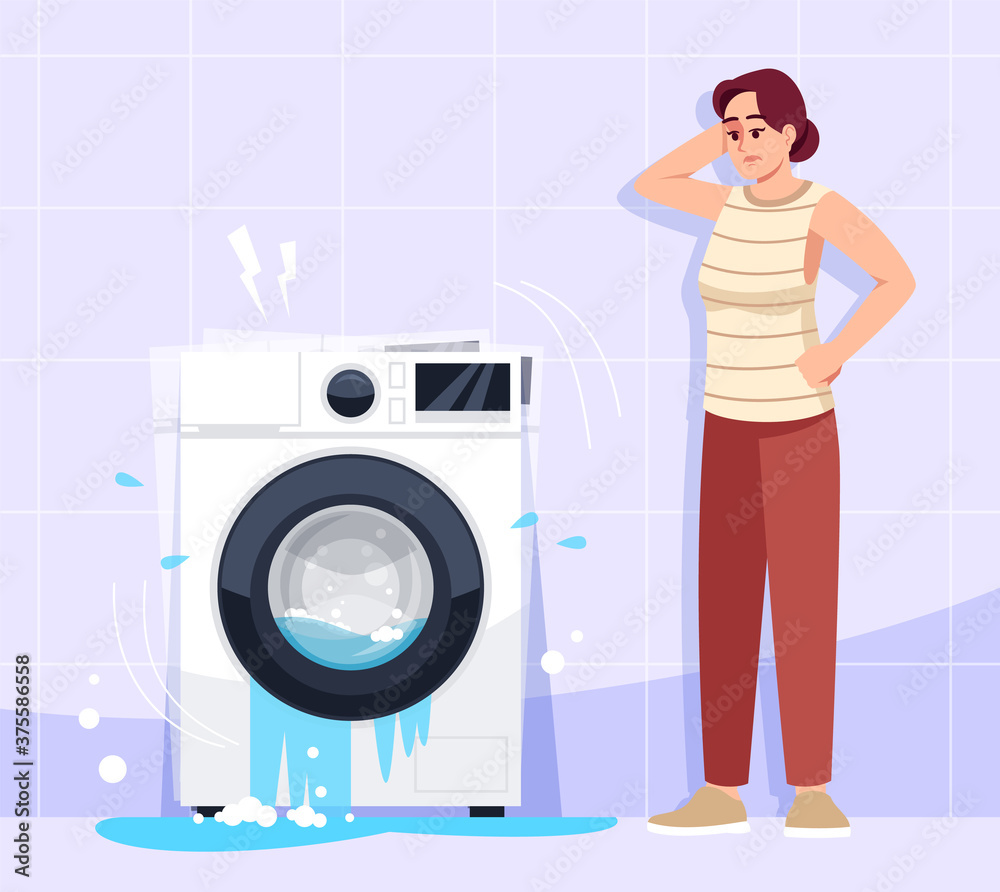 Woman puzzled by appliance breakdown semi flat vector illustration ...