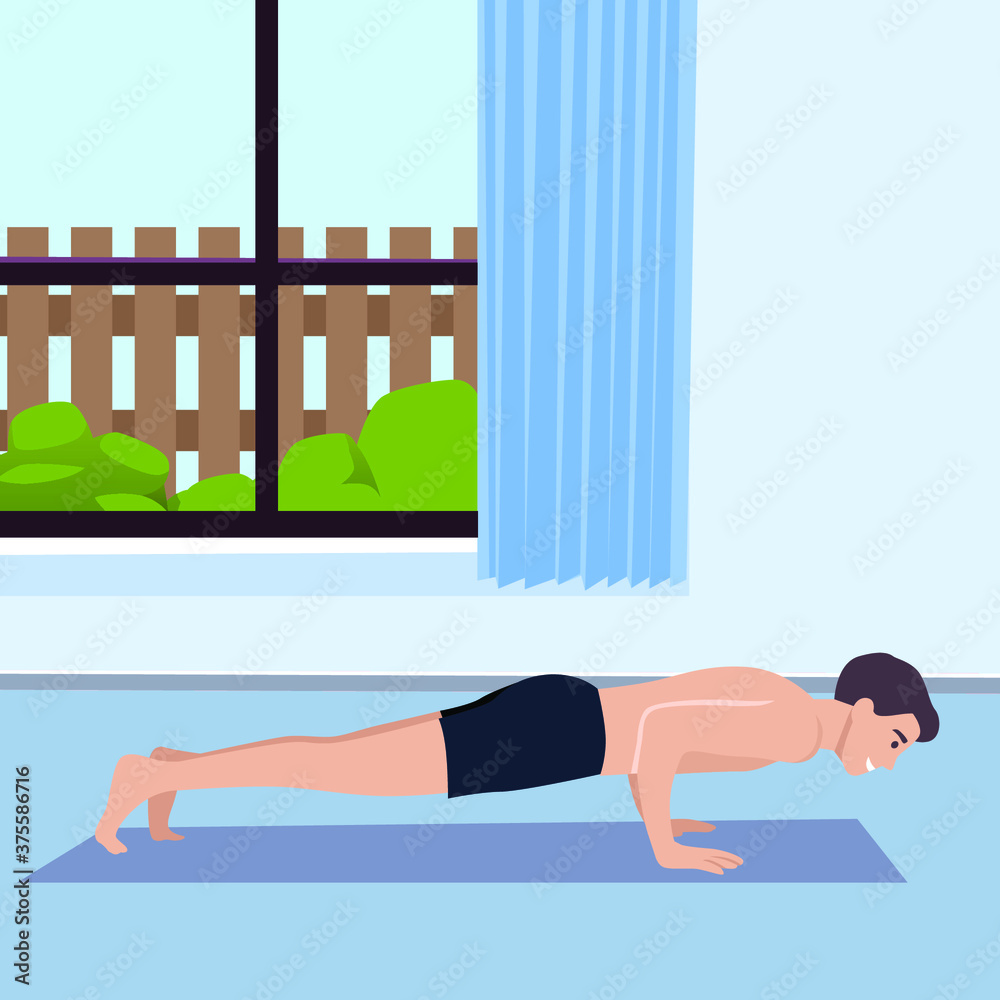 man male push up gym workout exercise illustration flat drawing vector ...