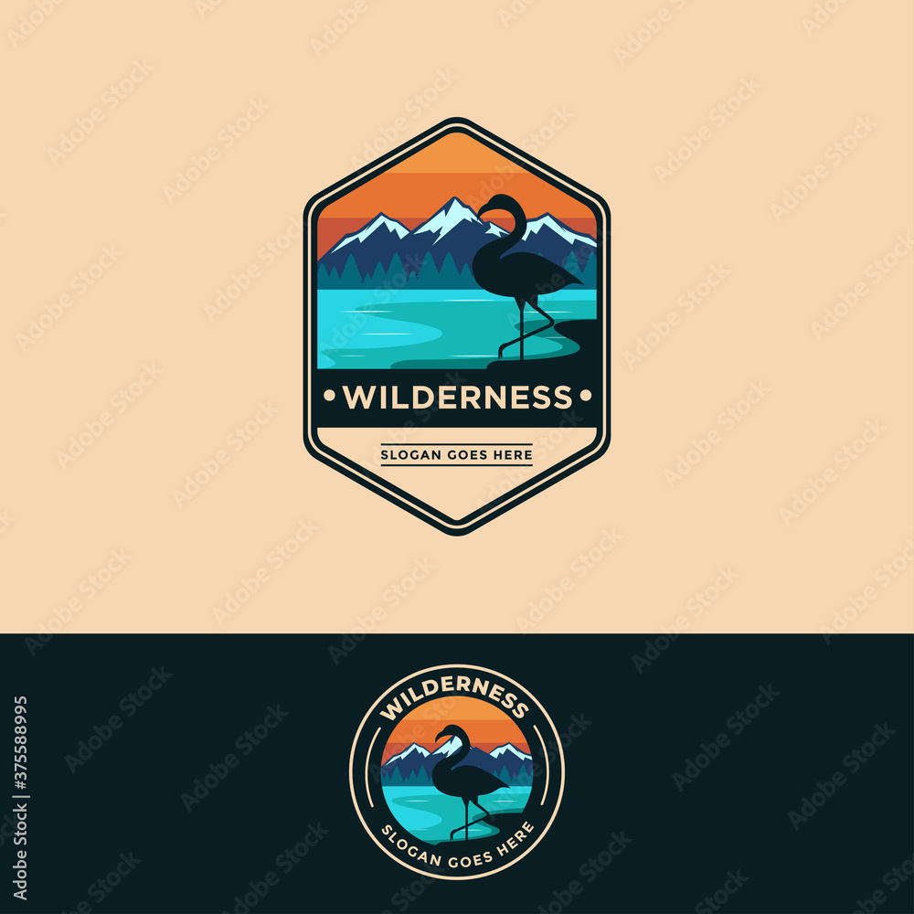 Badge emblem patch wilderness outdoor flamingo on lake mountain ...