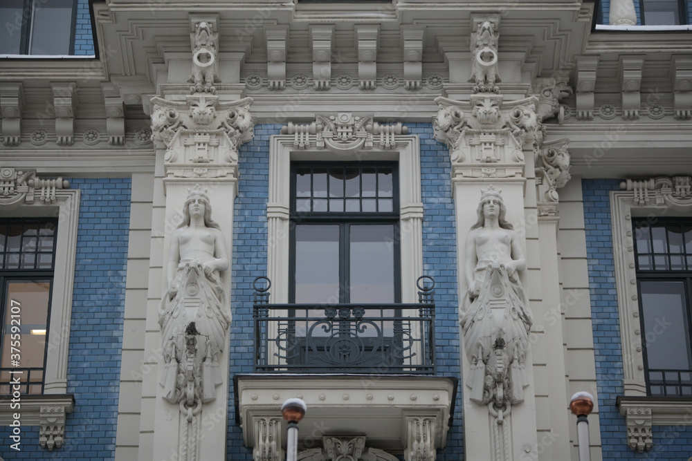 Art nouveau house (detail) on Alberta street, 4a, Riga city, Latvia ...