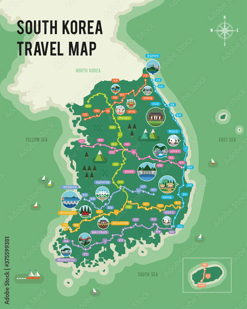 한국. 관광지. 지도. 벡터 일러스트레이션 Stock Vector | Adobe Stock