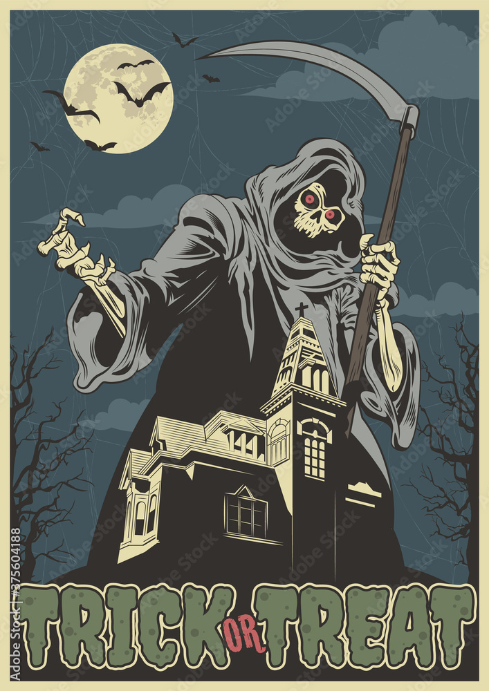 Grim Reaper and Haunted Mansion Halloween Poster, Postcard, Greeting ...