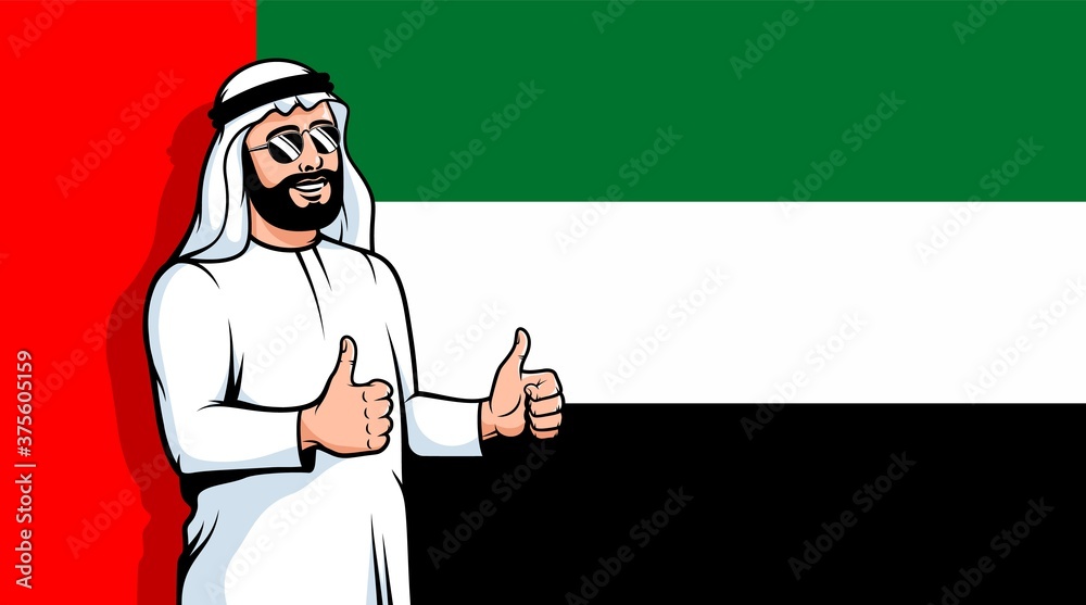 Arabic man thumbs up on united arab emirates flag background. Positive ...