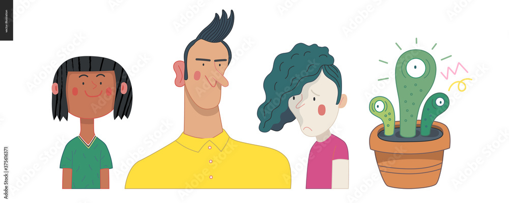 Bright characters portraits set - hand drawn flat style vector design ...