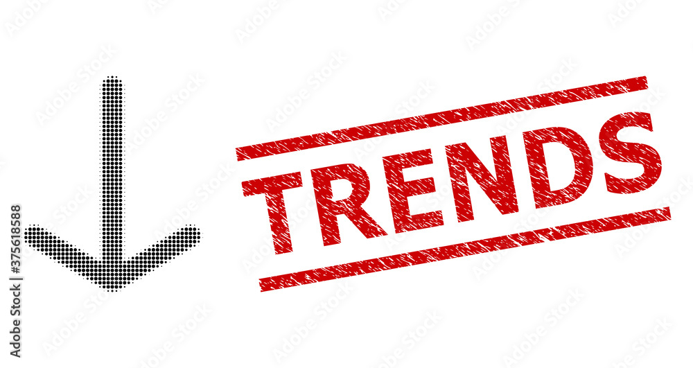 Arrow down halftone dotted pictogram and Trends scratched stamp seal ...
