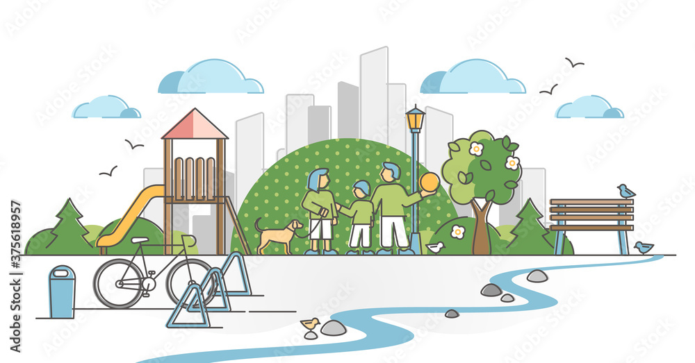 Urban park with city green zone for family nature recreation outline ...