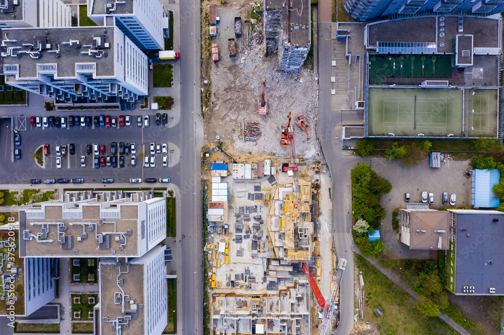 Aerial top view of construction site. Building new apartment buildings ...