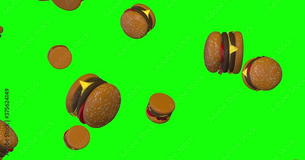 Rain of 3d burgers falling on green screen background. An Elegant fast ...