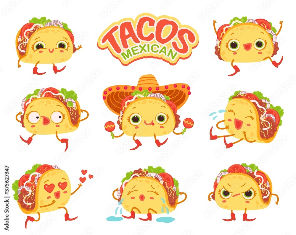Set of vector isolated cartoon illustration taco characters with ...