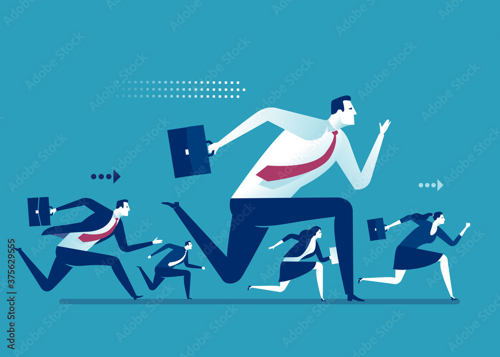 Business competition. Teamwork, Leadership. Business team runs to the ...