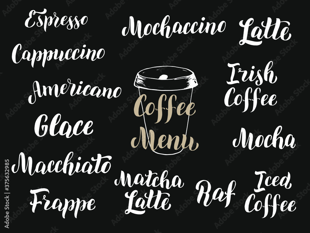 Coffee menu font set. Coffee types lettering text for product or ...