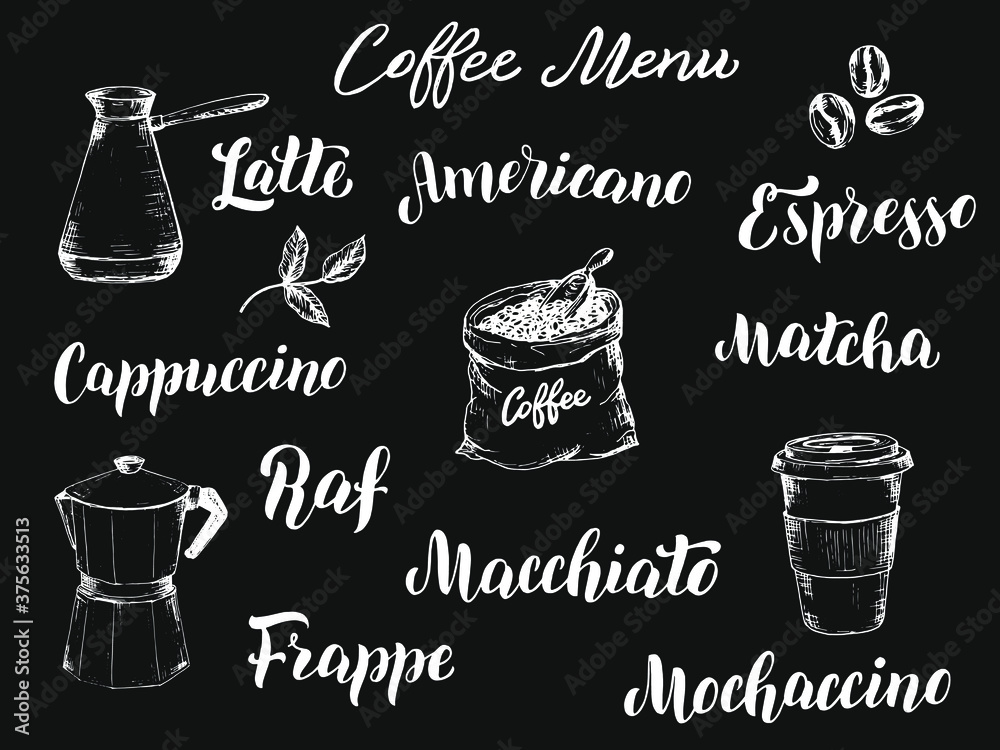 Coffee menu lettering set. Coffee types font with sketch chalk ...