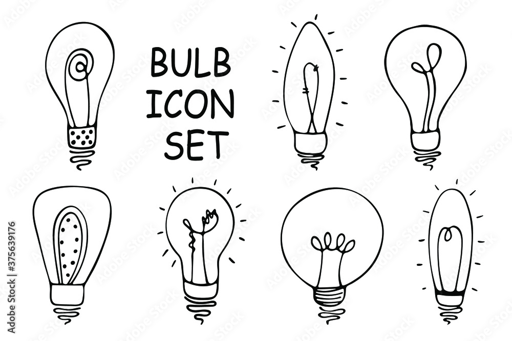 Vector light bulb icons. Set of black hand drawn lines on a white background. Illustrator. Stock ...