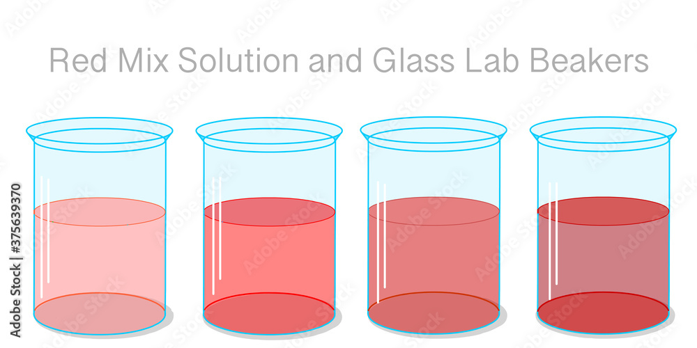 Red solution Stages. liquid in the glass lab beaker, container. Light ...